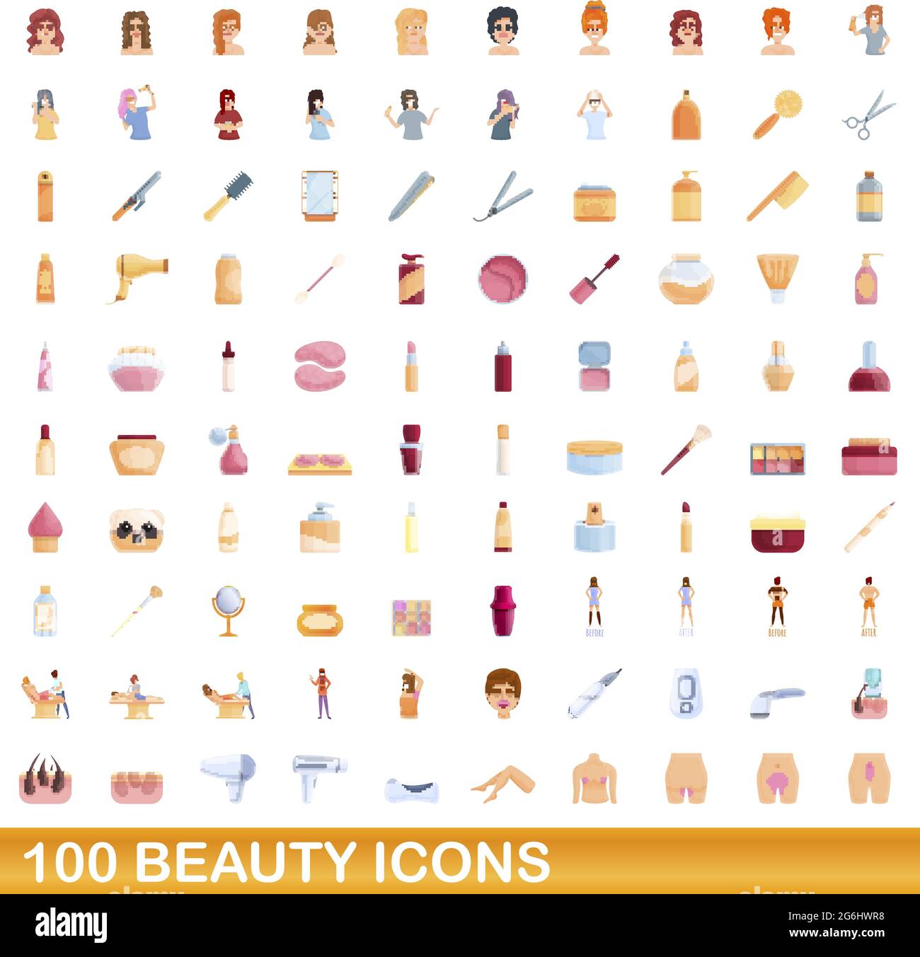 100 beauty icons set. Cartoon illustration of 100 beauty icons vector ...