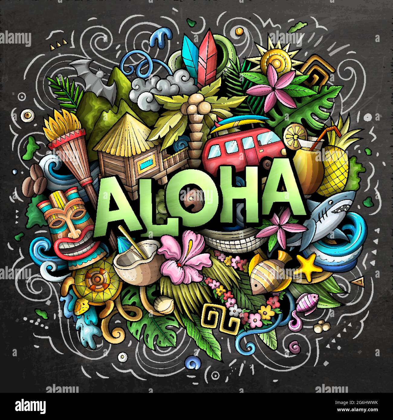 Aloha hand drawn cartoon doodle illustration. Funny Hawaiian design ...