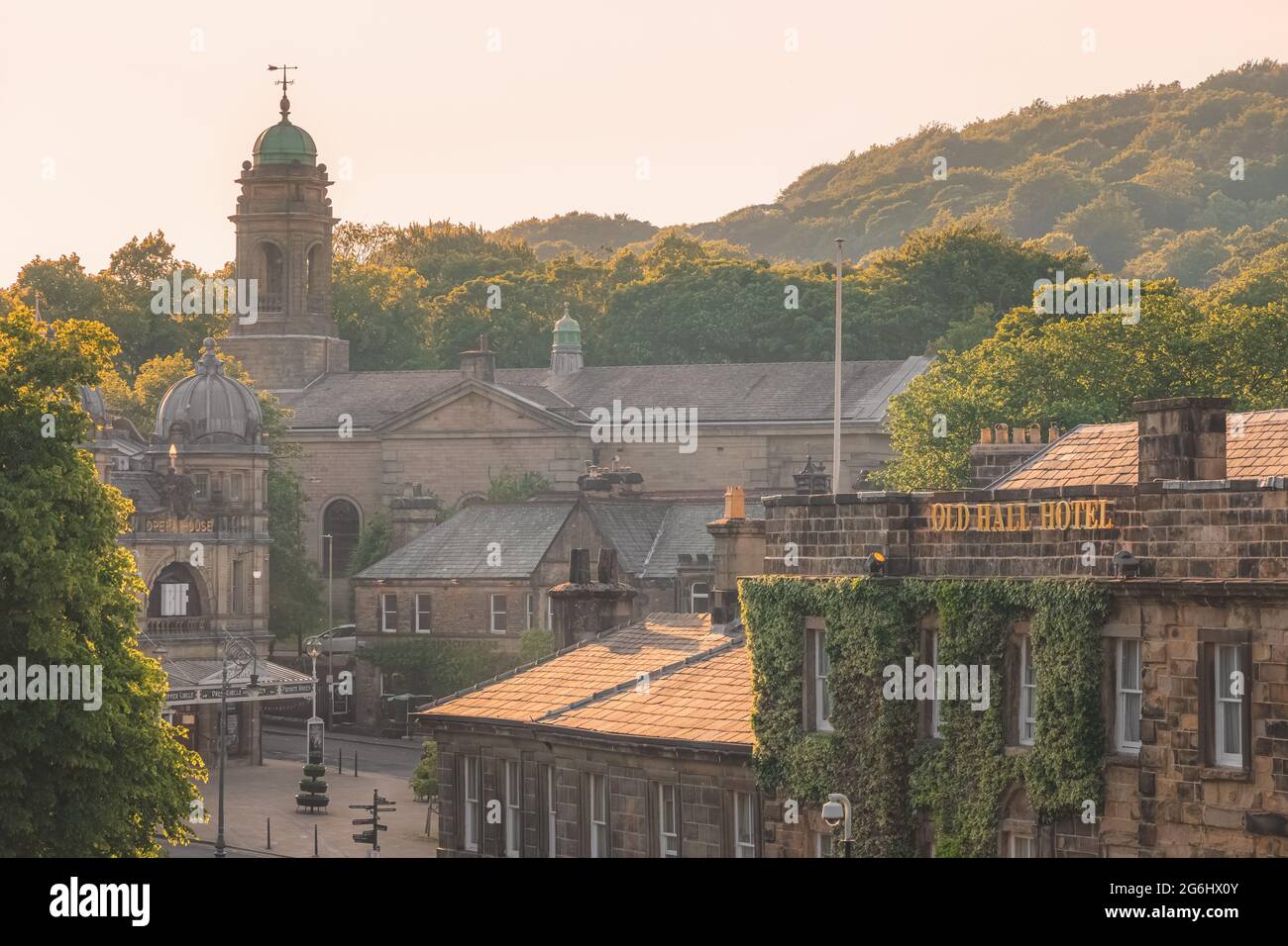 Buxton, UK - June 26 2021: View over the main square in the historic ...