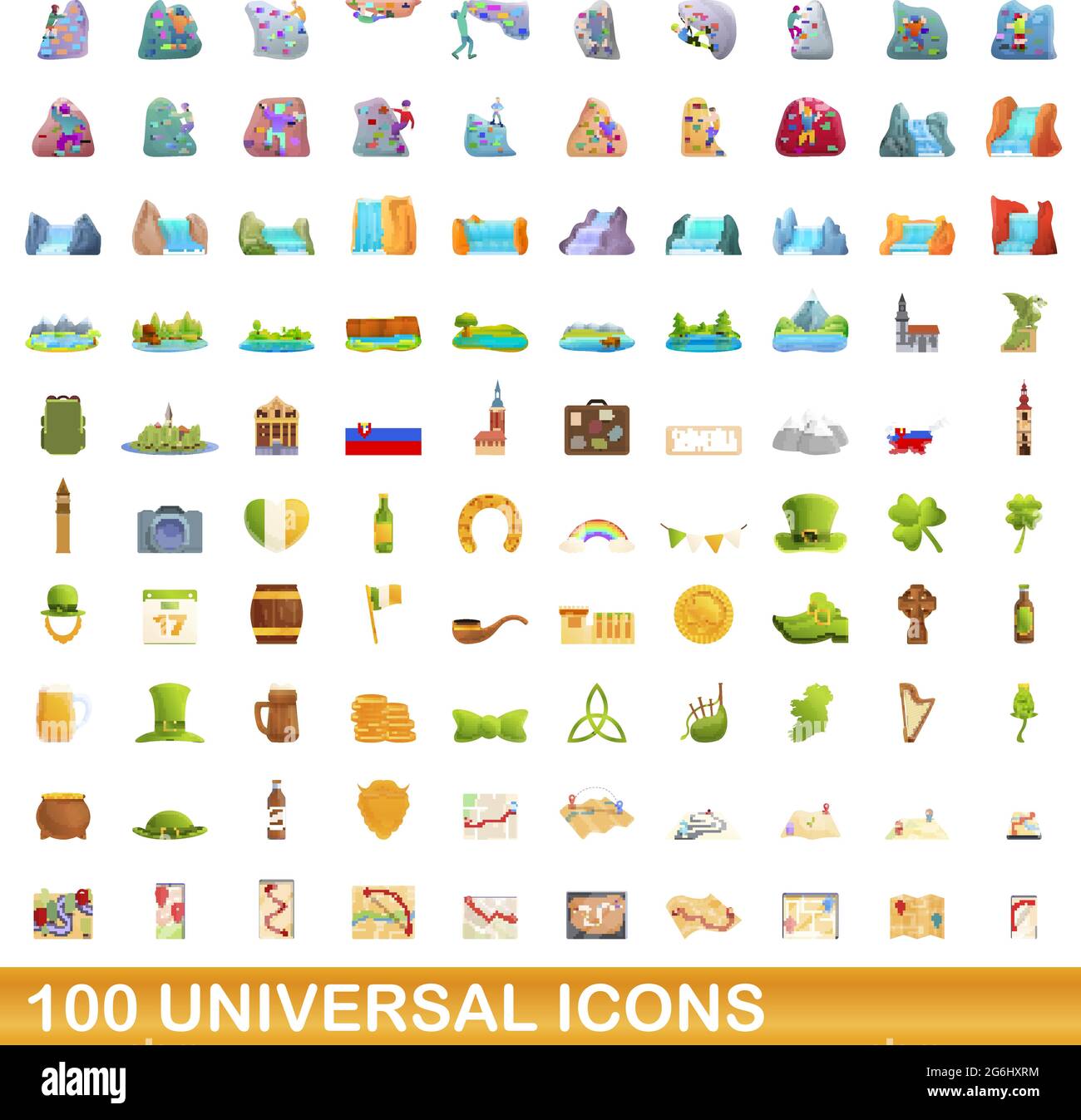 100 universal icons set. Cartoon illustration of 100 universal icons ...