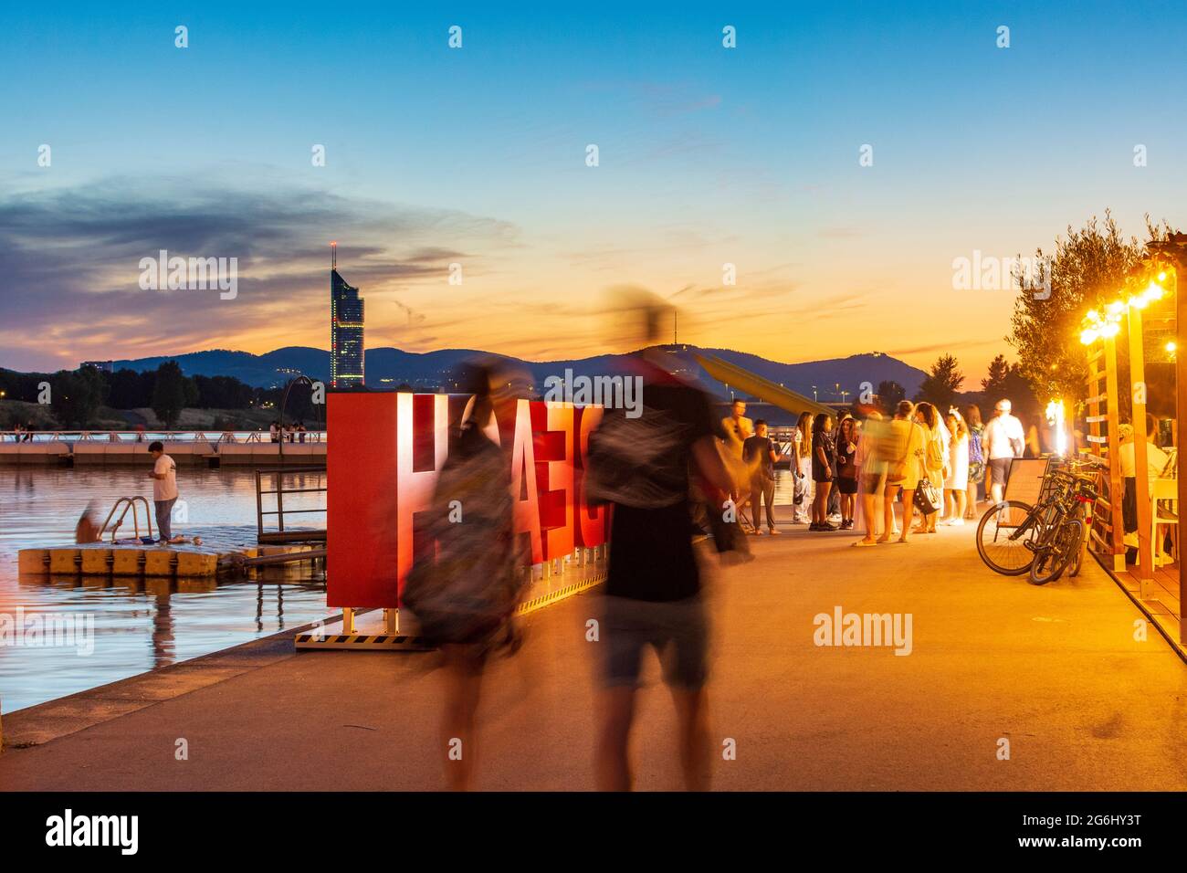 Wien, Vienna: sunset at recreational area Copa Beach at river Neue ...