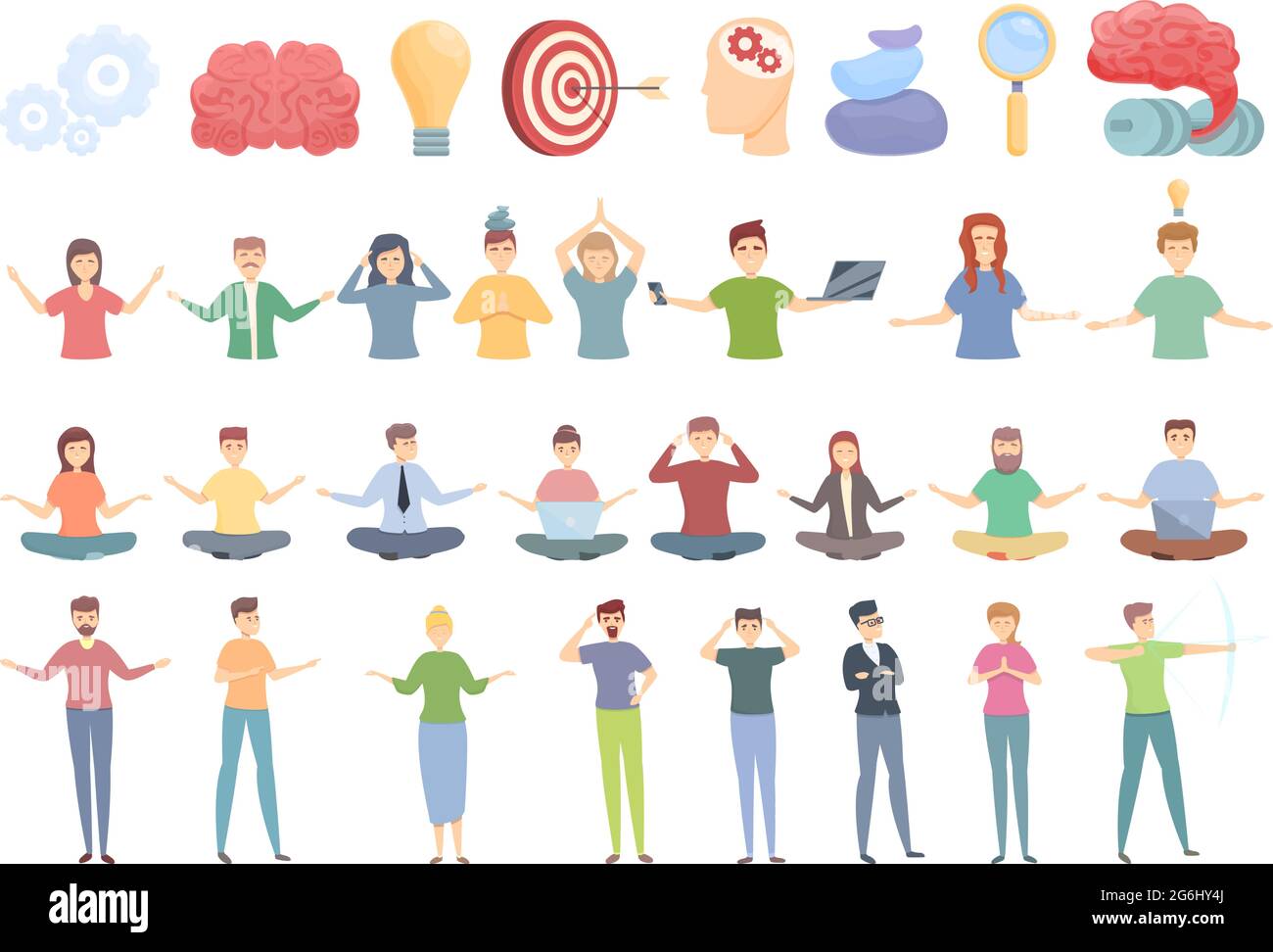 Concentration icons set cartoon vector. Yoga meditate. Mind relax Stock ...