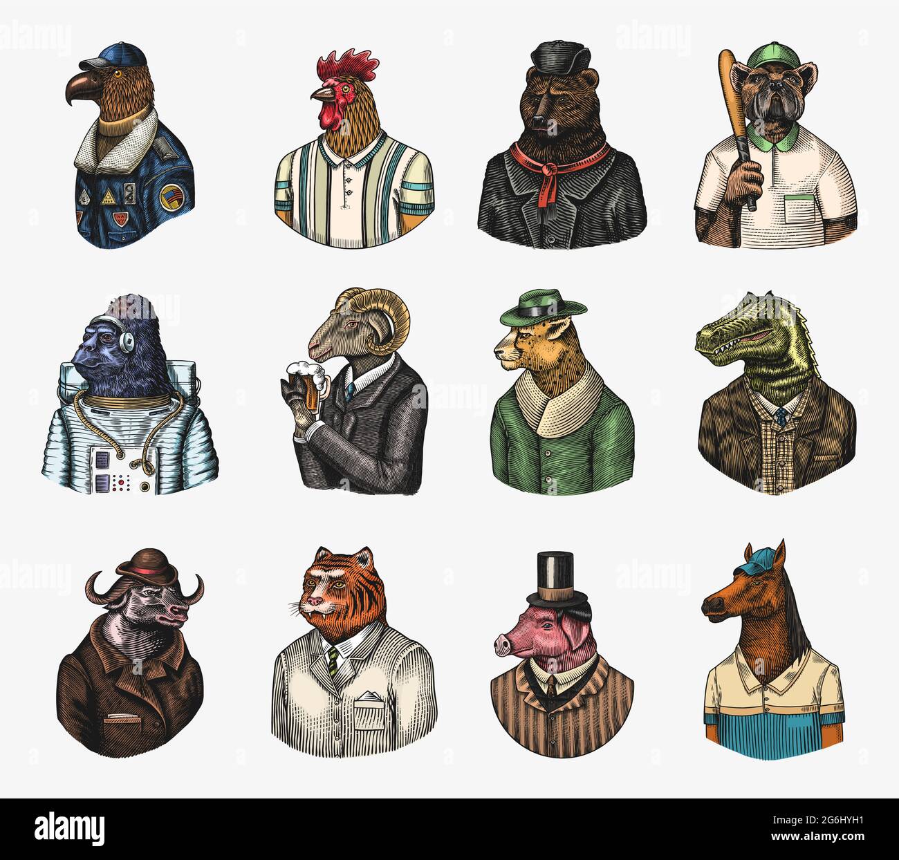 Gorilla monkey astronaut. Eagle aviator pilot Rooster Dinosaur Pig ...