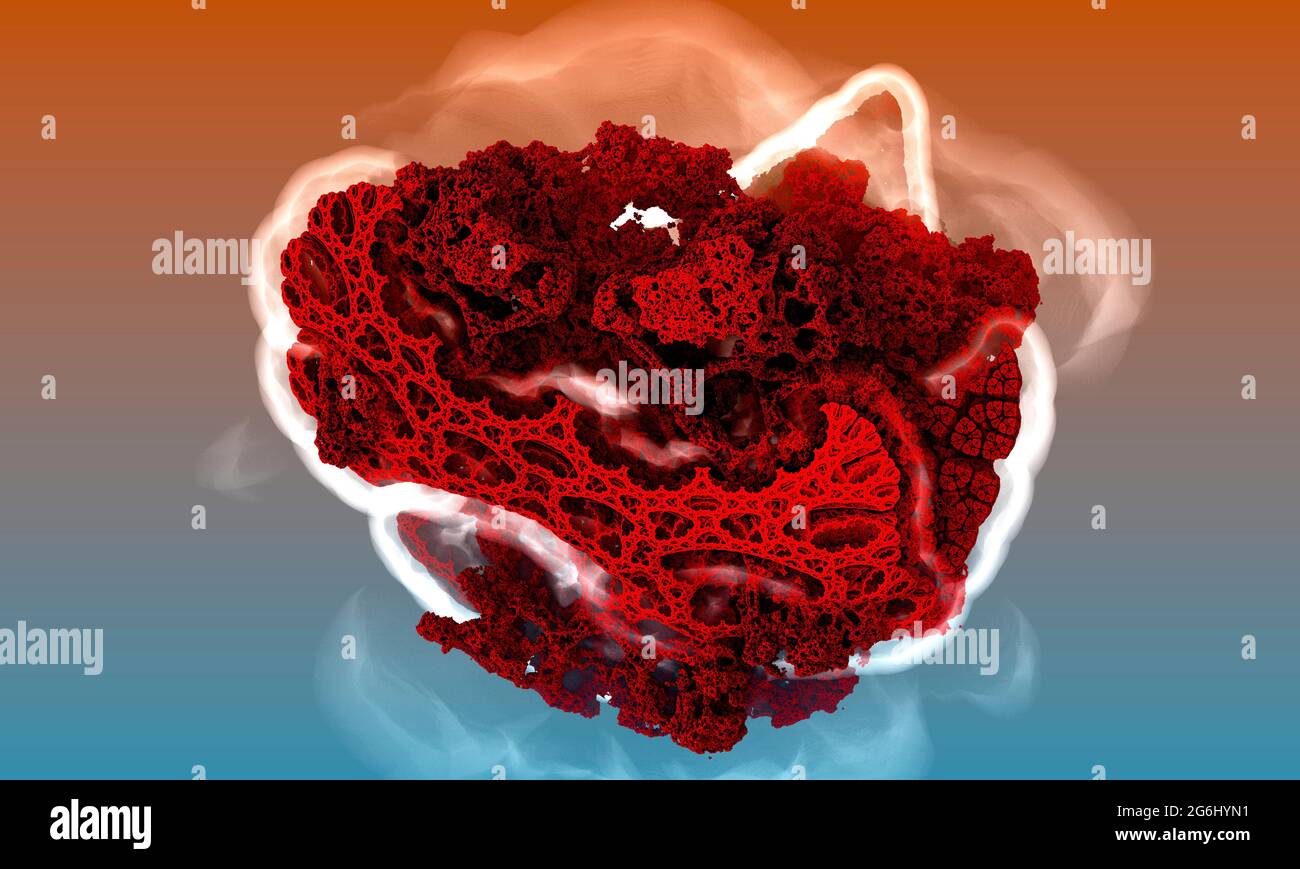 fractal of porous red stone in fog with backlight. 3D rendering Stock ...