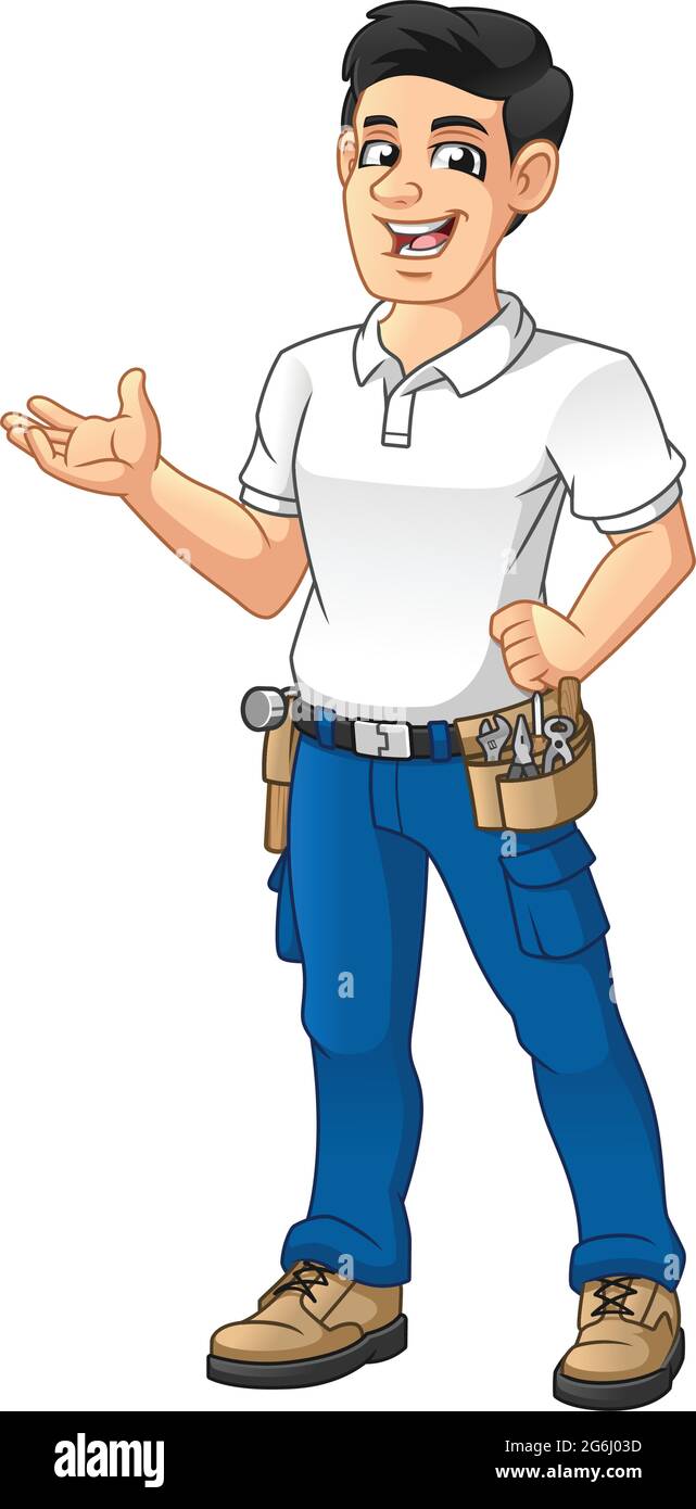 Handyman with a Tool Equipment Belt Present Welcome Hands, People at ...