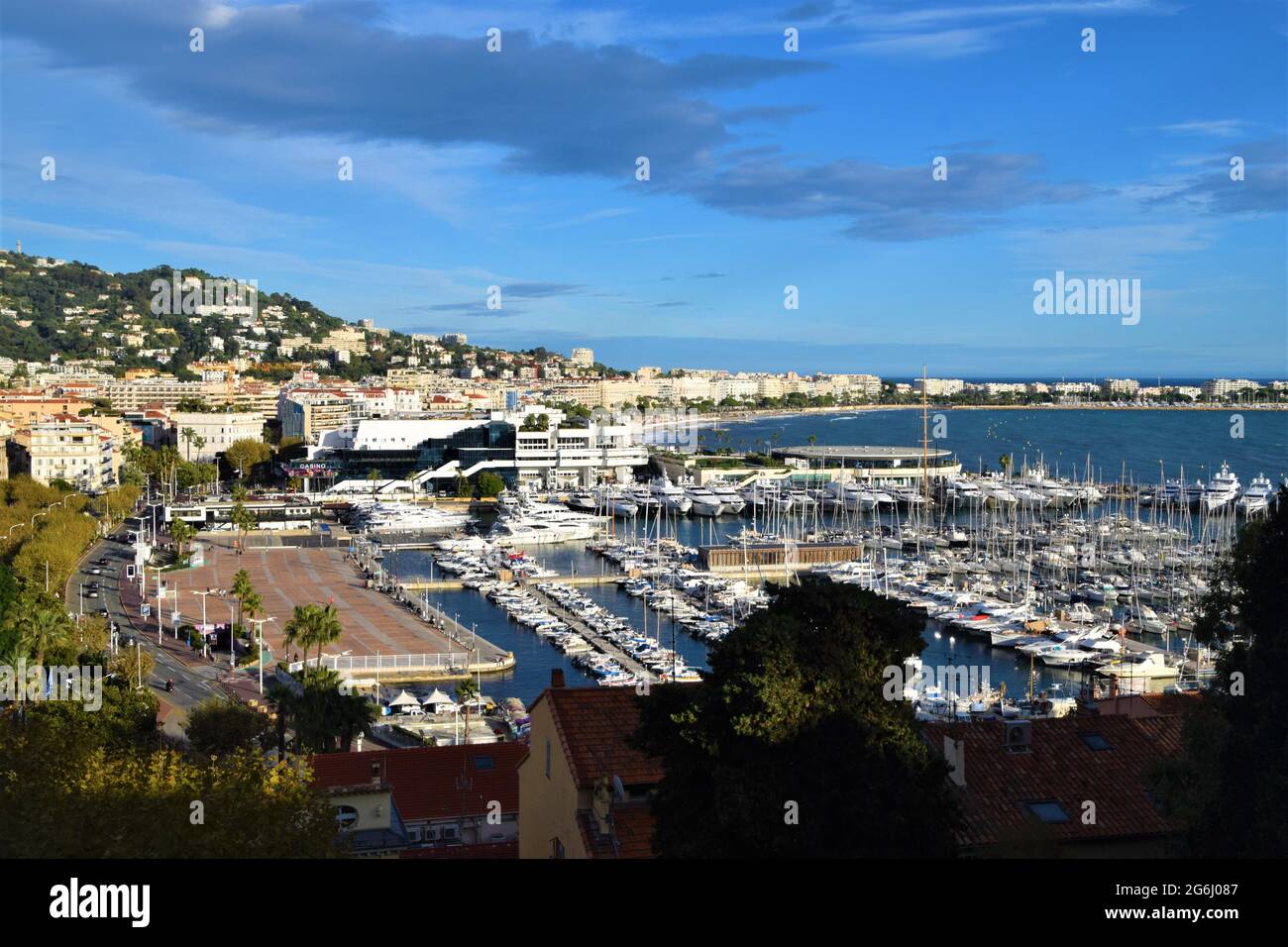 Cannes, France, 2019. Aerial panoramic view of the Old Port, beach and ...