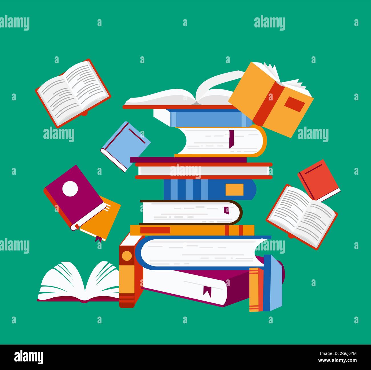 Vector illustration of reading concept. A lot of books on green ...