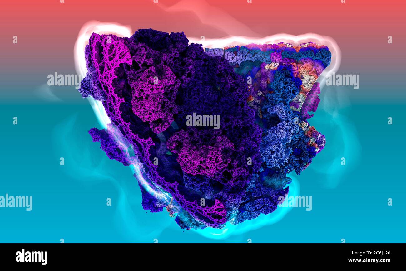 fractal of porous red stone in fog with backlight. 3D rendering Stock ...