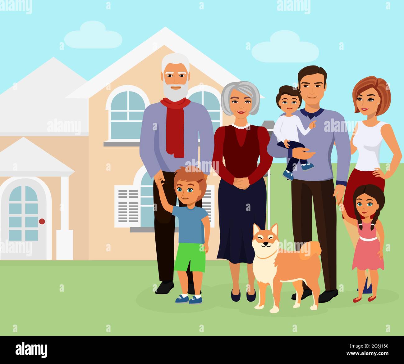 Vector illustration of big happy caucasian family with many children ...