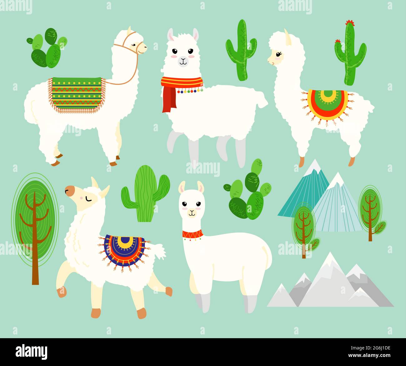 Vector illustration set of Cute funny alpacas and llamas with cactus ...