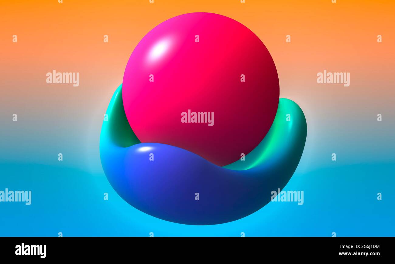 Pink pearl sphere on blue table, peach and blue background. 3D ...