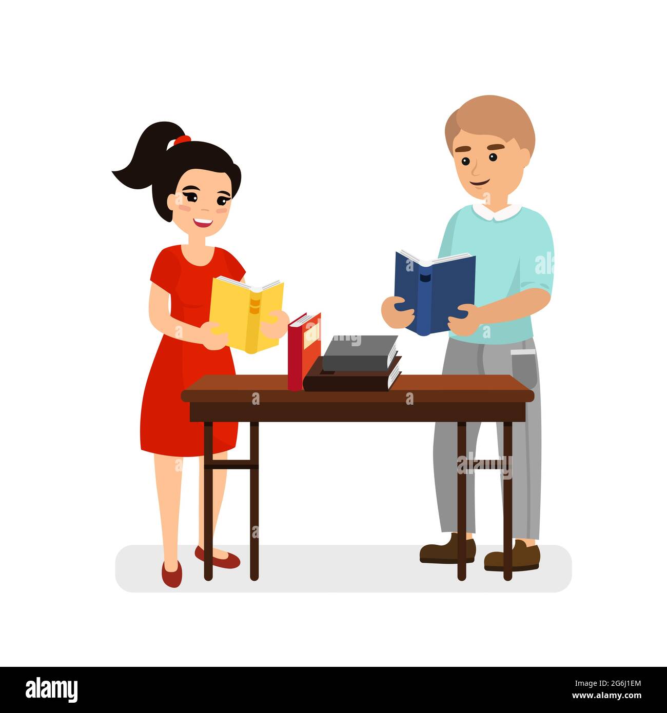Vector illustration of young man and woman with books on table, girl ...