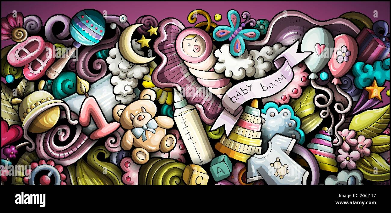 Baby hand drawn doodle banner. Cartoon vector detailed flyer ...
