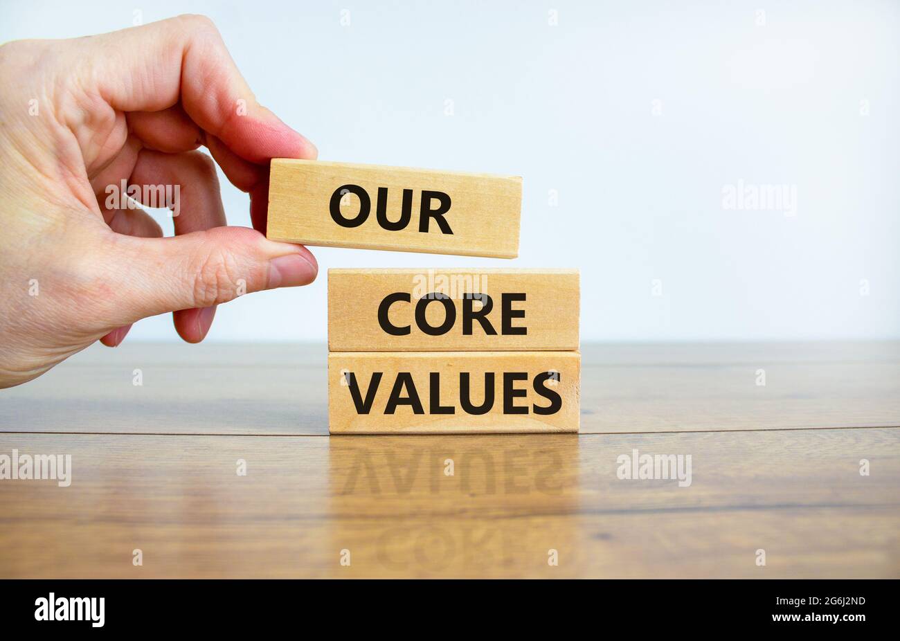 Our core values symbol. Wooden blocks with words 'Our core values ...