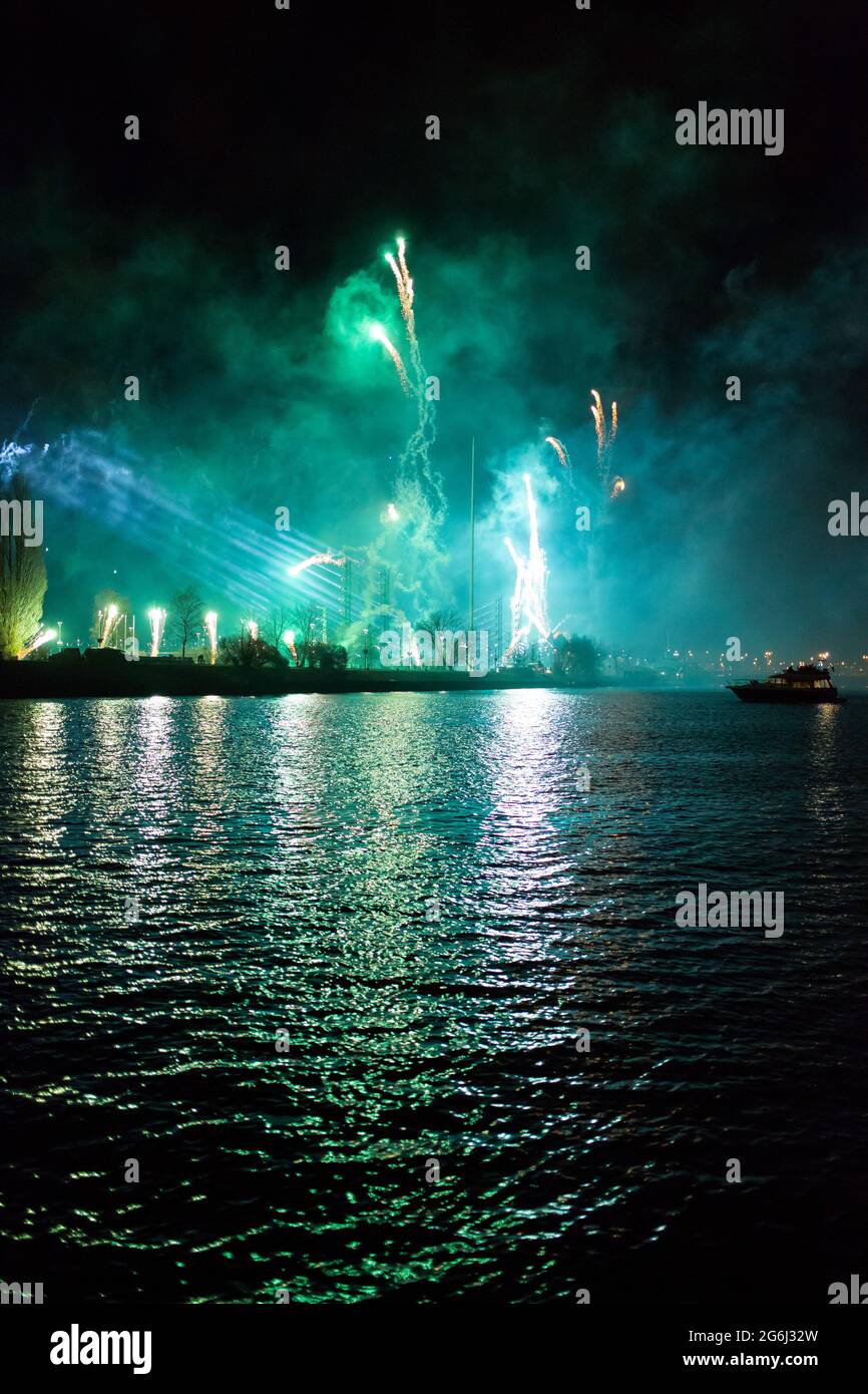 Fireworks during Latvia 100 years celebration in capital city Riga ...