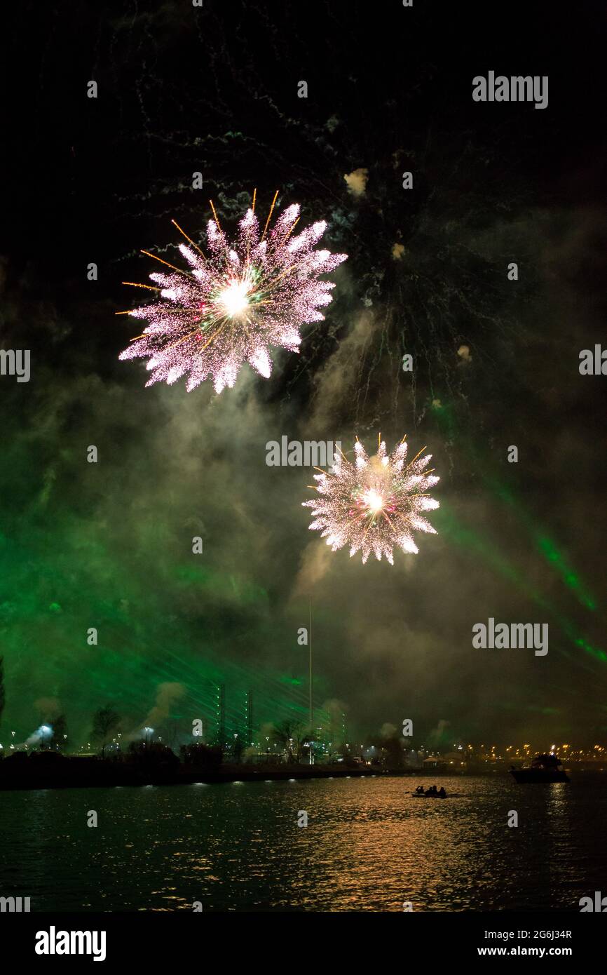 Fireworks during Latvia 100 years celebration in capital city Riga ...