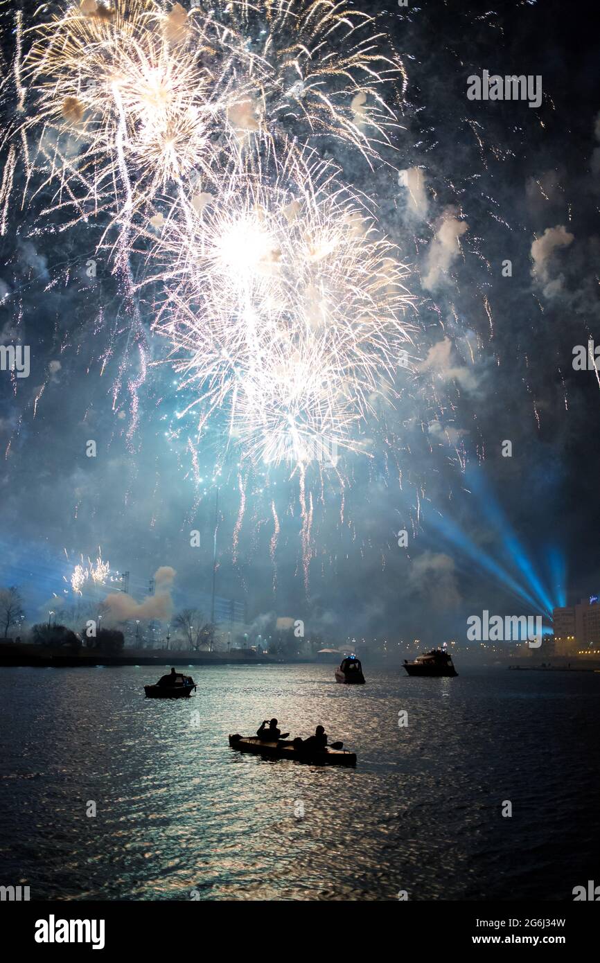 Fireworks during Latvia 100 years celebration in capital city Riga ...