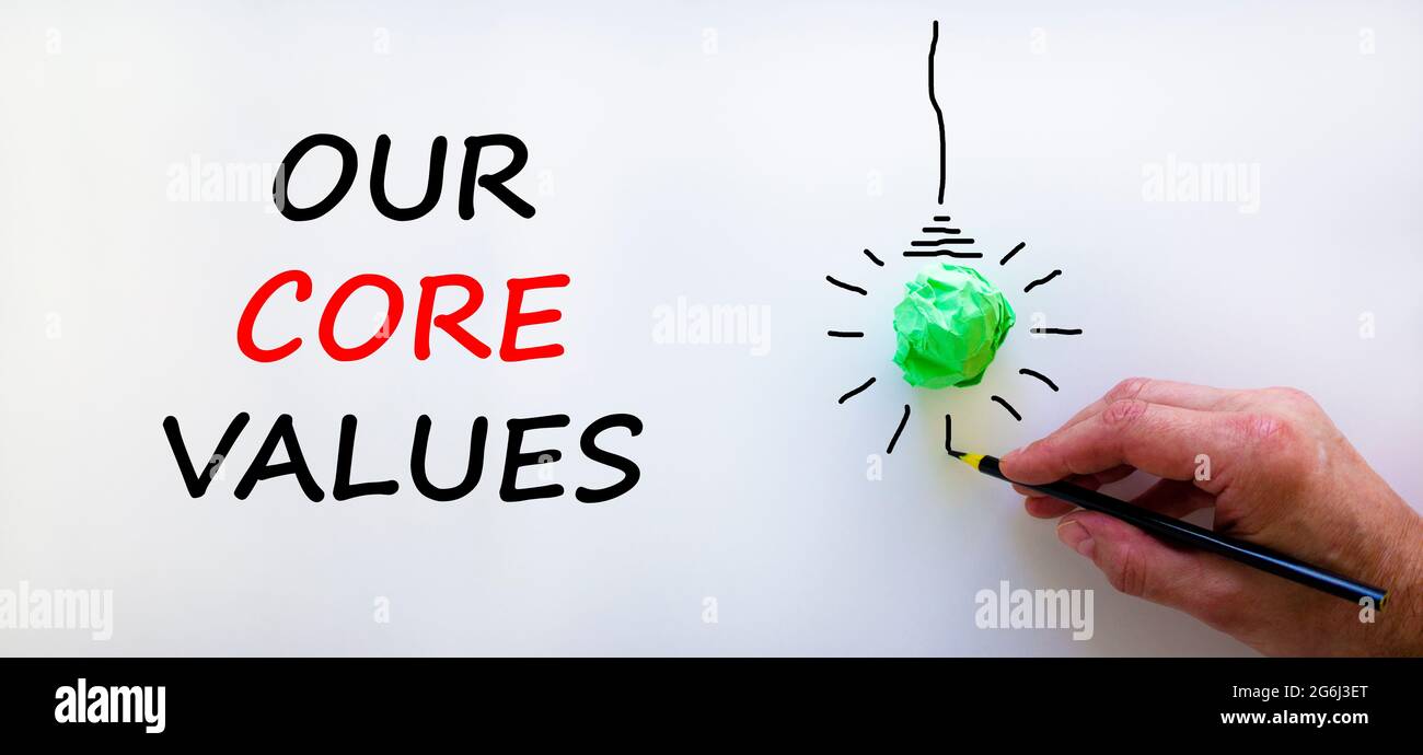 Our core values symbol. Businessman writing words 'Our core values ...
