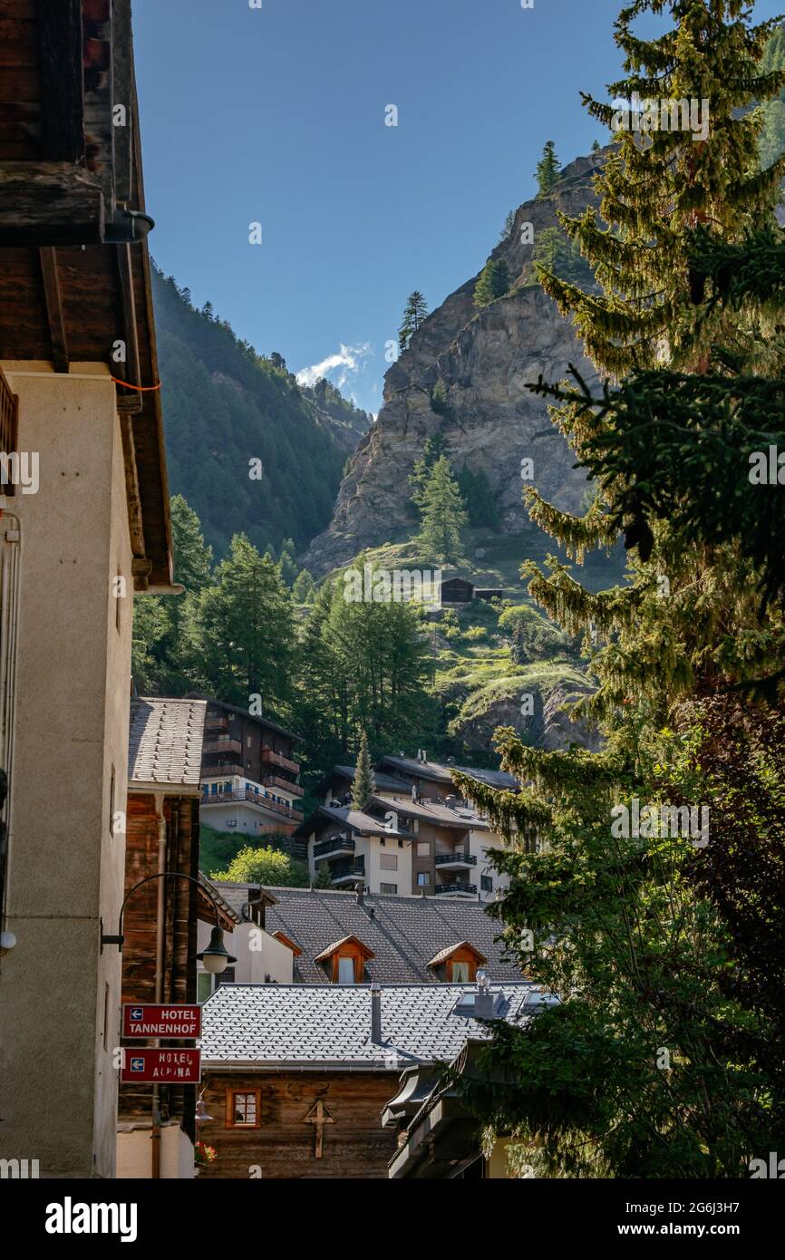 Panorama View of Traditional Wooden Chalet Houses in Zermatt with ...