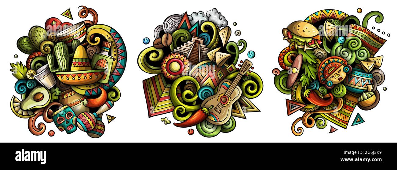 Mexico cartoon vector doodle designs set. Colorful detailed ...