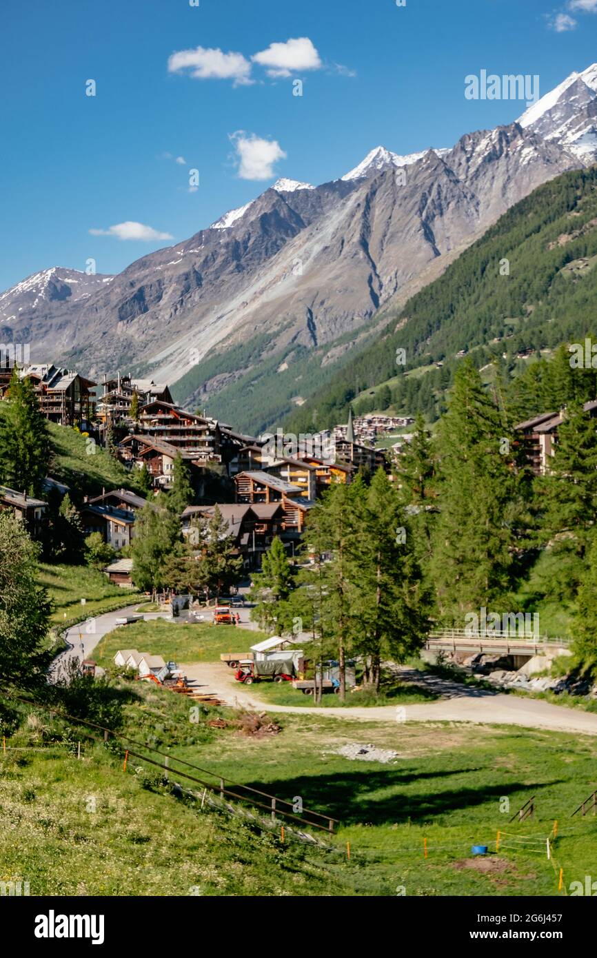 Panorama View of Traditional Wooden Chalet Houses in Zermatt with ...