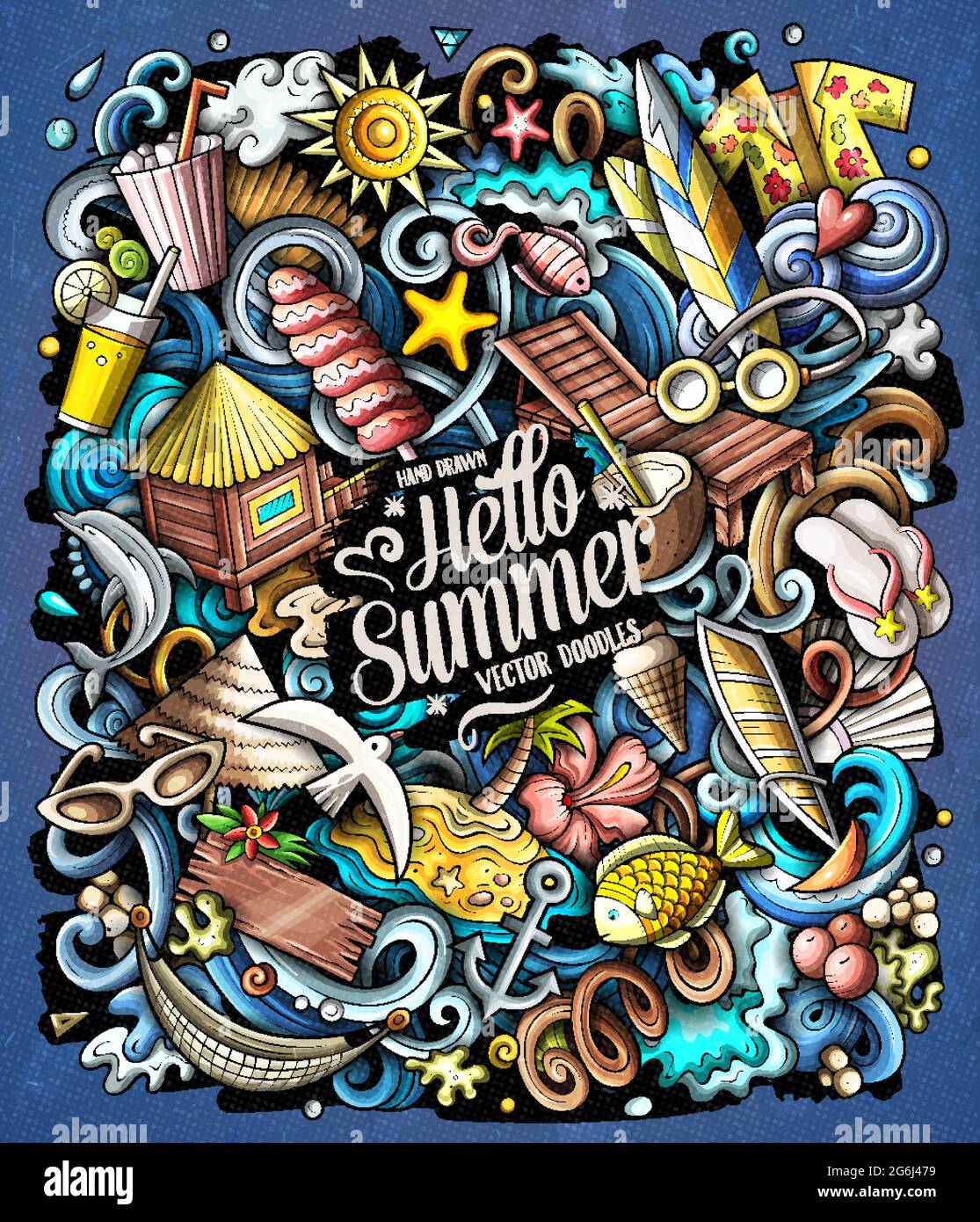 Summer beach cartoon vector doodles illustration. Summertime poster ...