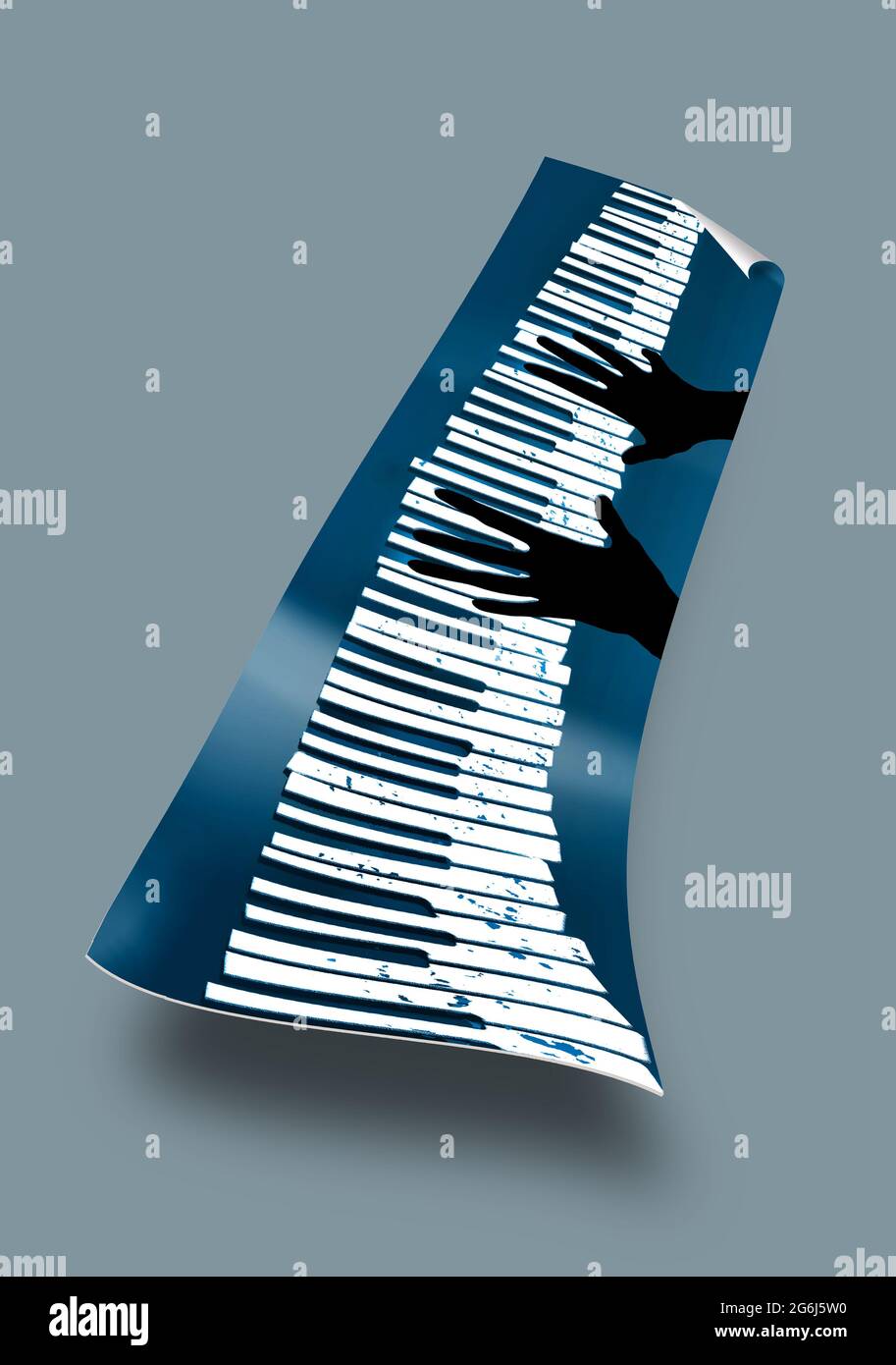 Hands are seen on a well worn and paint spattered piano keyboard poster ...