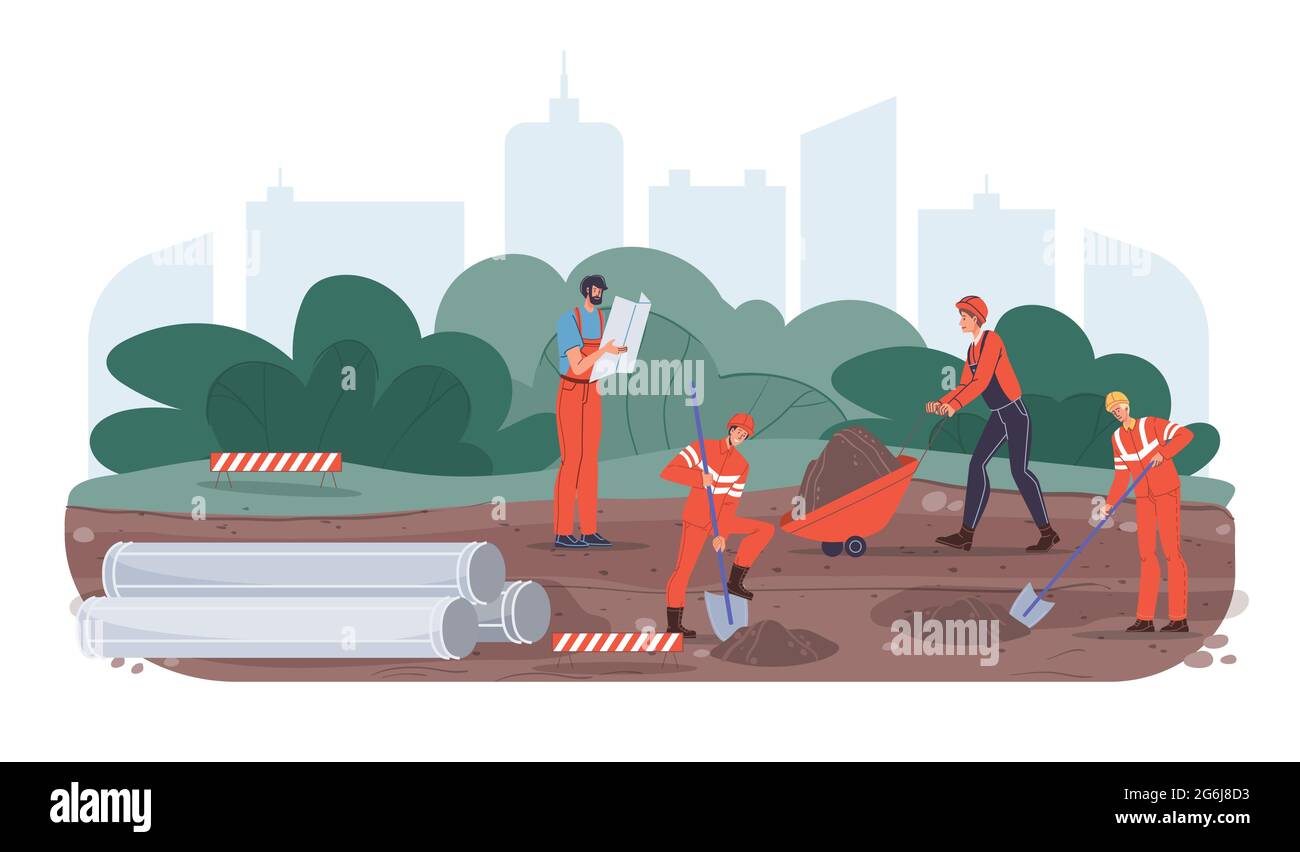 Flat cartoon industrial workers characters at pipeline construction ...