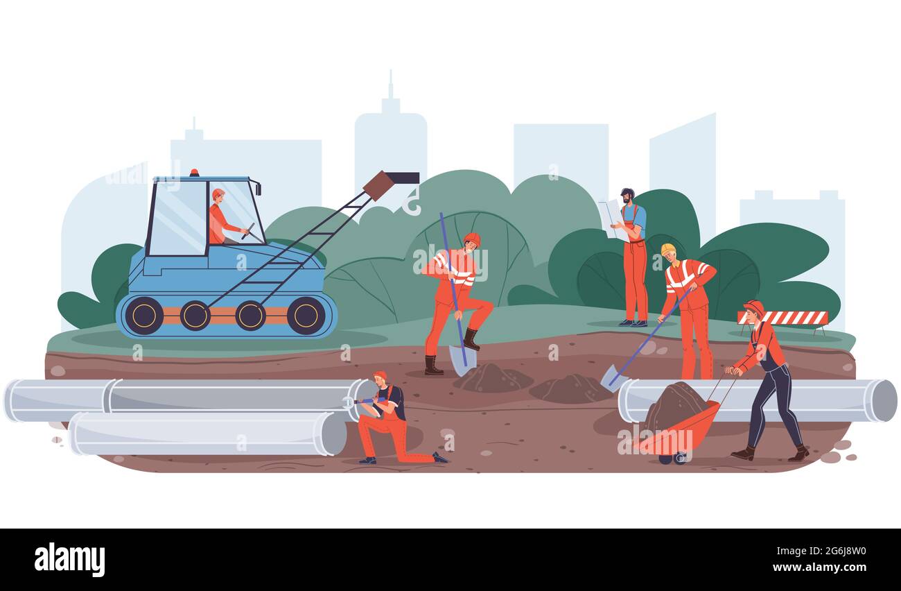 Flat cartoon industrial workers characters at pipeline construction ...