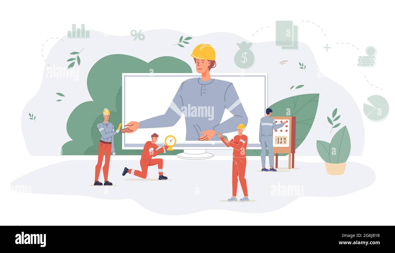 Flat cartoon industrial workers characters at oil,gas production work ...