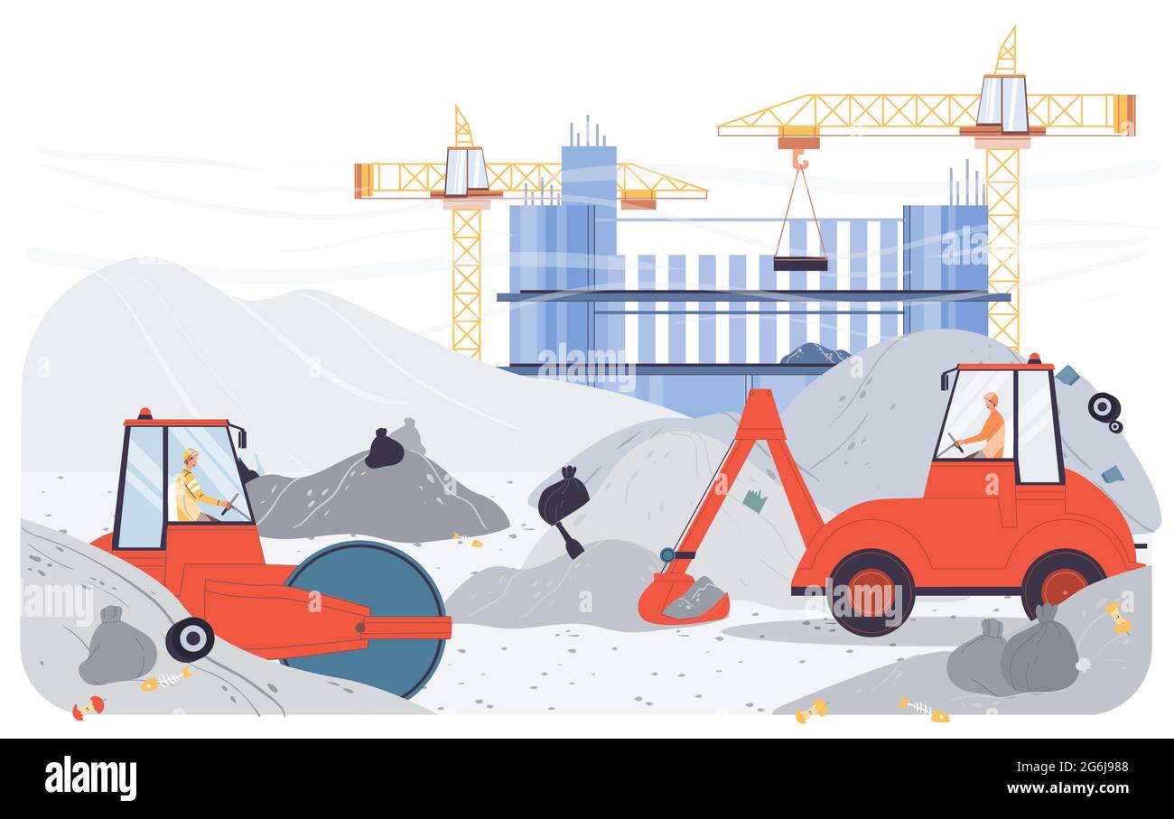 Flat cartoon industrial workers characters at garbage disposal ...