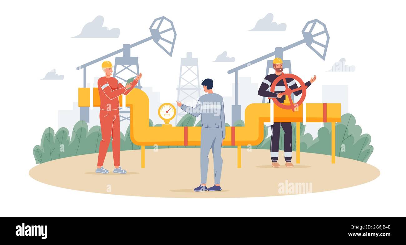 Flat cartoon industrial workers characters at oil production work ...