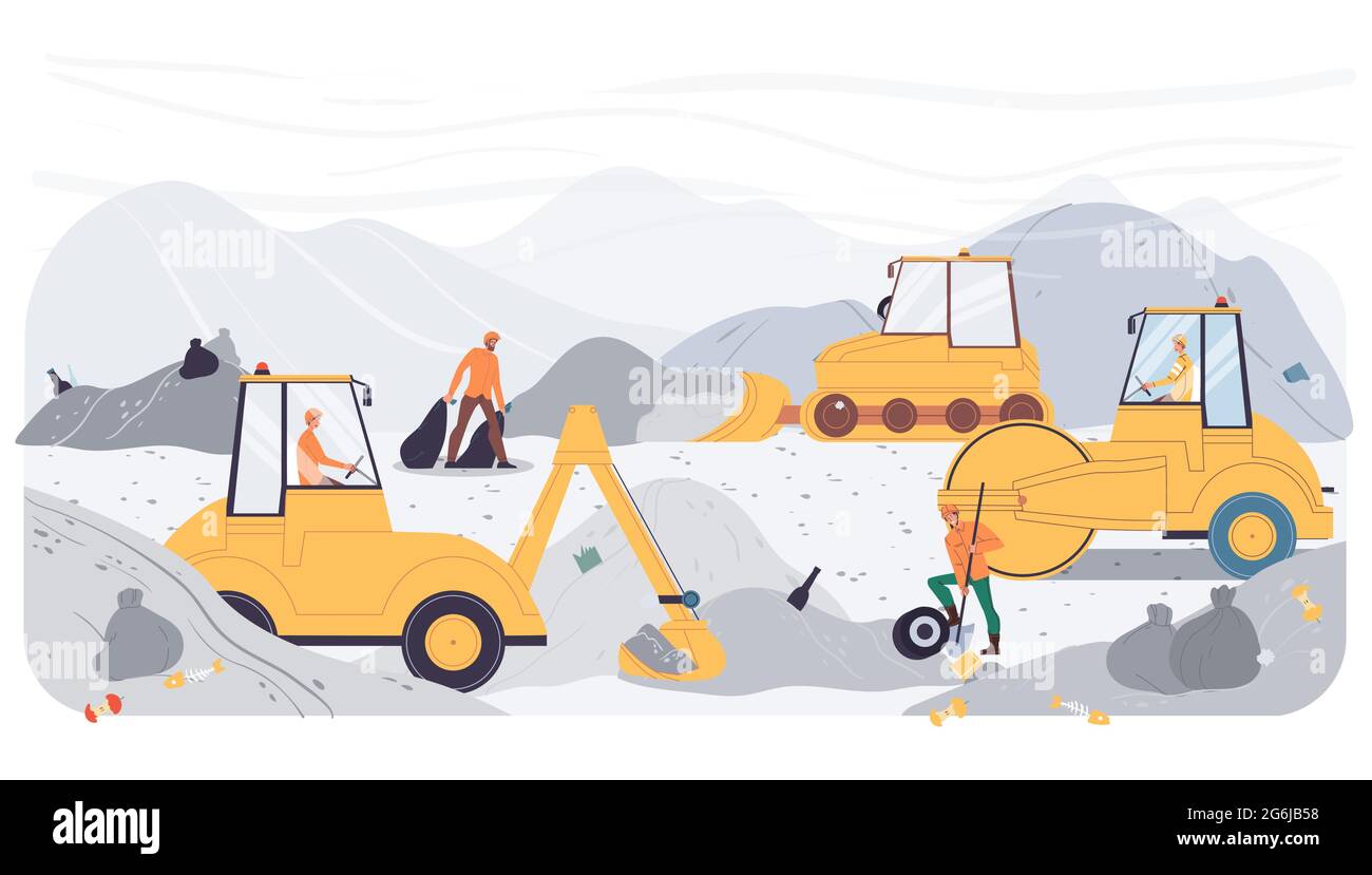 Flat cartoon industrial workers characters at garbage disposal ...