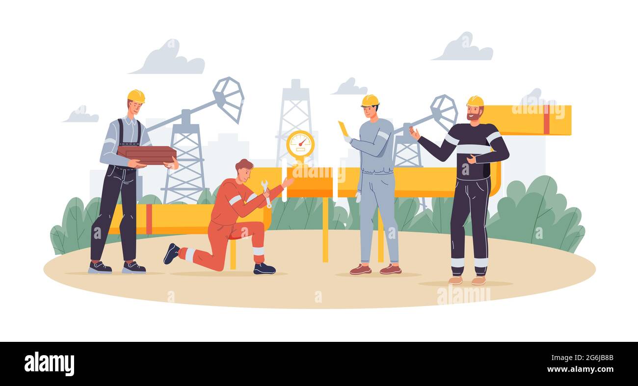 Flat cartoon industrial workers characters at oil production work ...