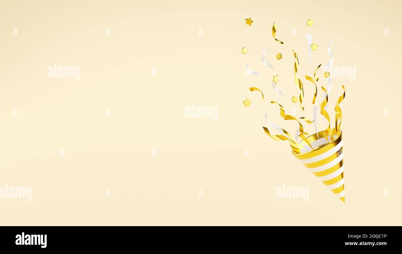 Golden party popper with flying confetti 3d render illustration Stock ...