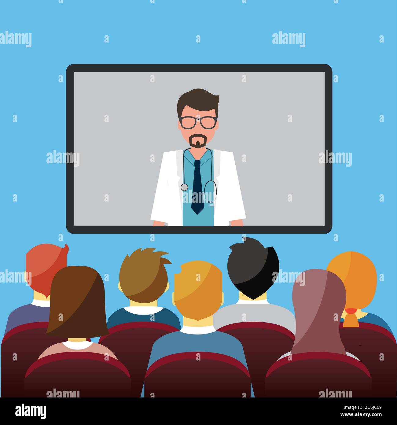 Medical online seminar vector illustration, cartoon flat tiny doctor ...