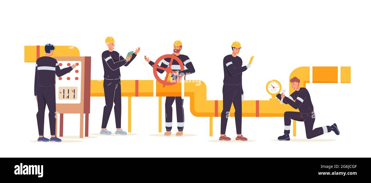Flat cartoon industrial workers characters at gas,oil production work ...