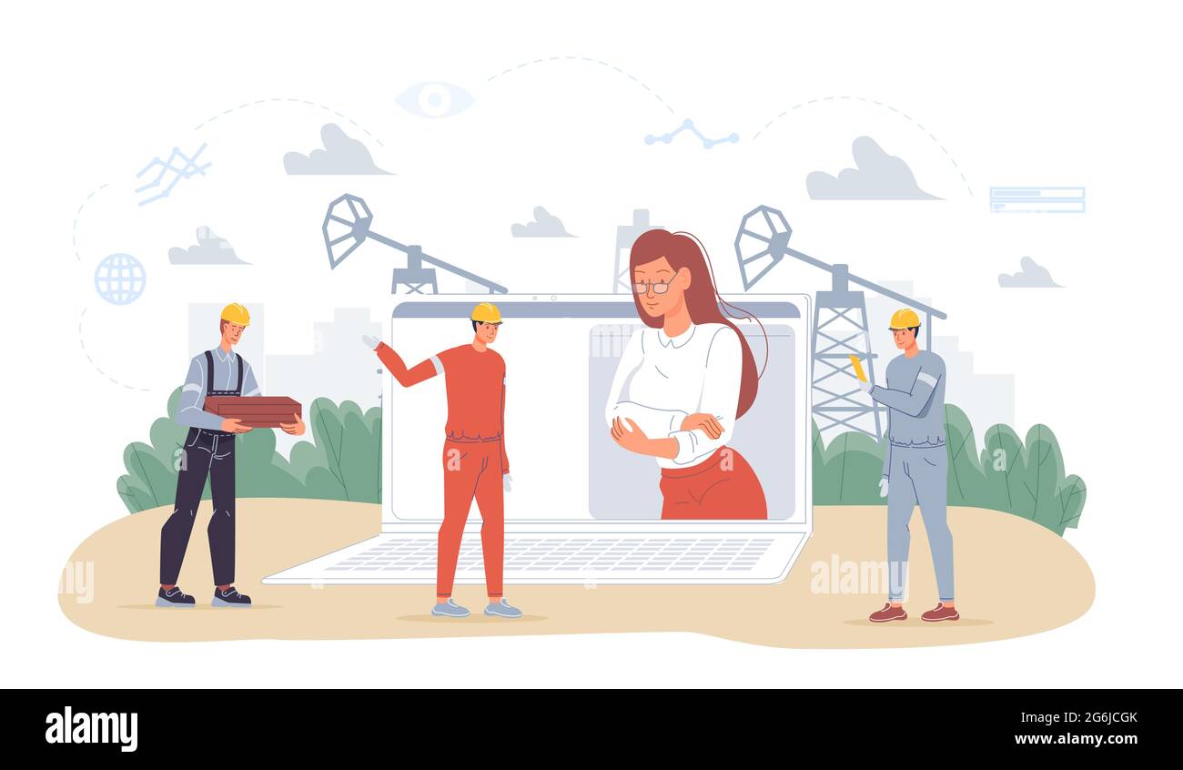 Flat cartoon industrial workers characters at oil production work ...