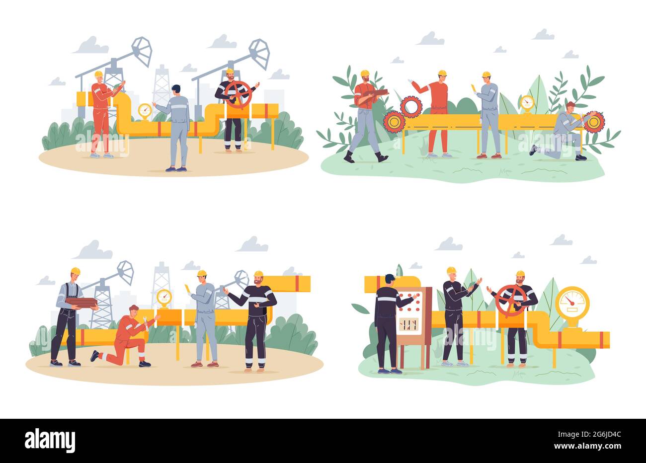 Flat cartoon industrial workers characters at gas,oil production work ...