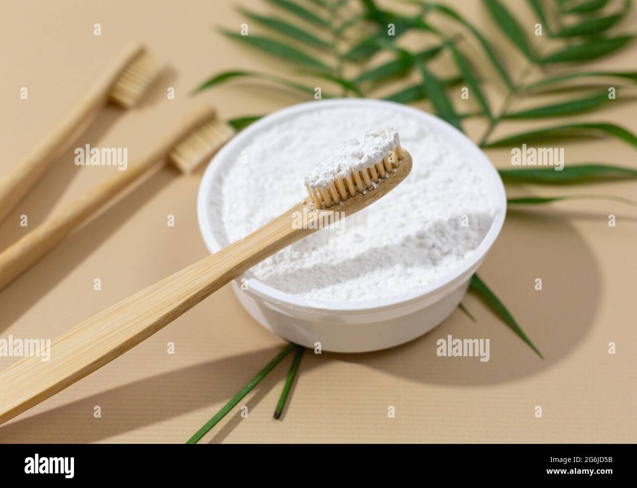 A set of eco-friendly bamboo toothbrushes and white tooth powder on a ...