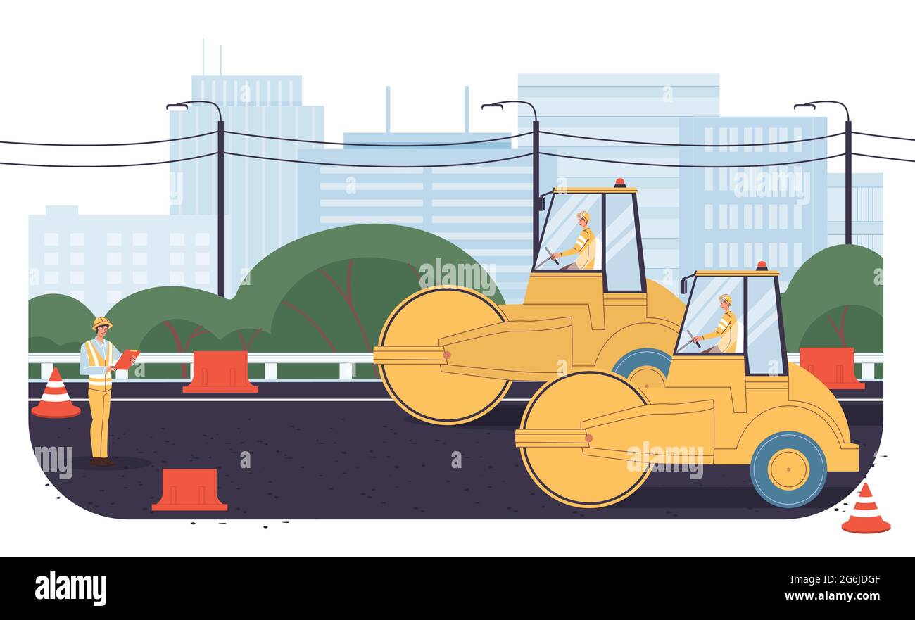 Flat cartoon industrial workers characters at road construction work ...
