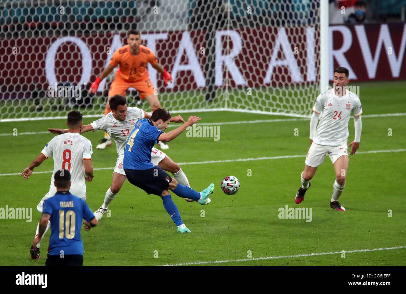 Italy's Federico Chiesa scores their side's first goal of the game ...