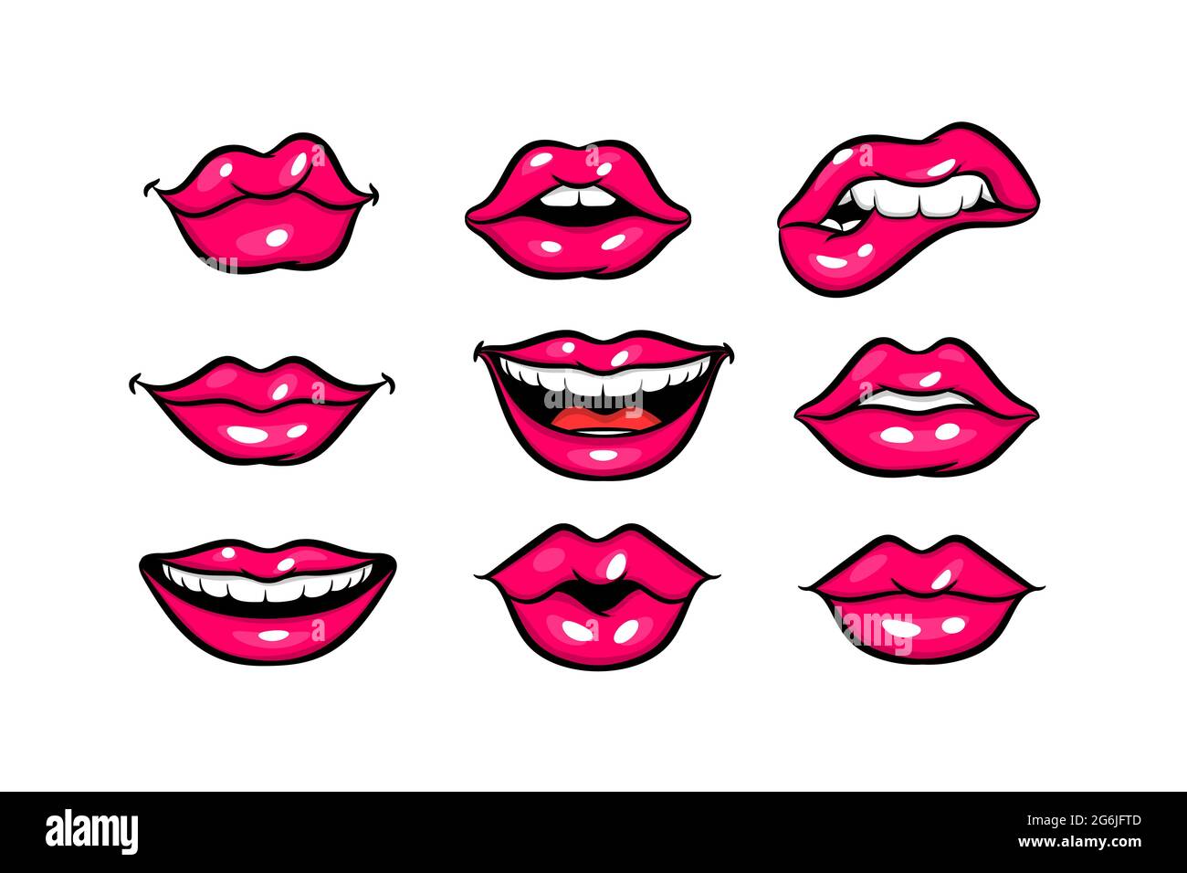 Pink Red Woman Lips In Pop Art Style Set Cartoon Girl Make Up Vector