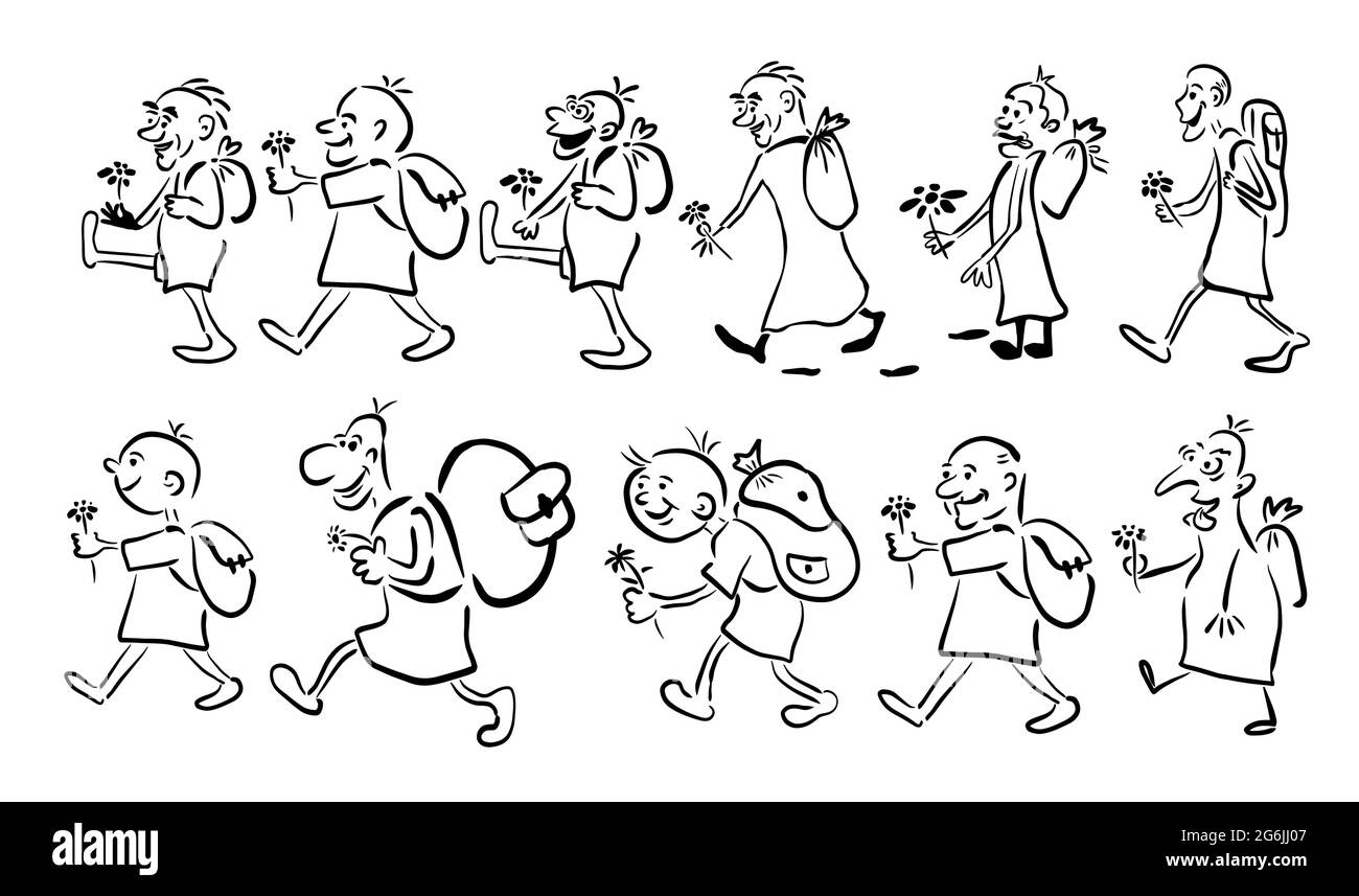 The man walks joyfully. Set of funny walking people. Drawing line ...