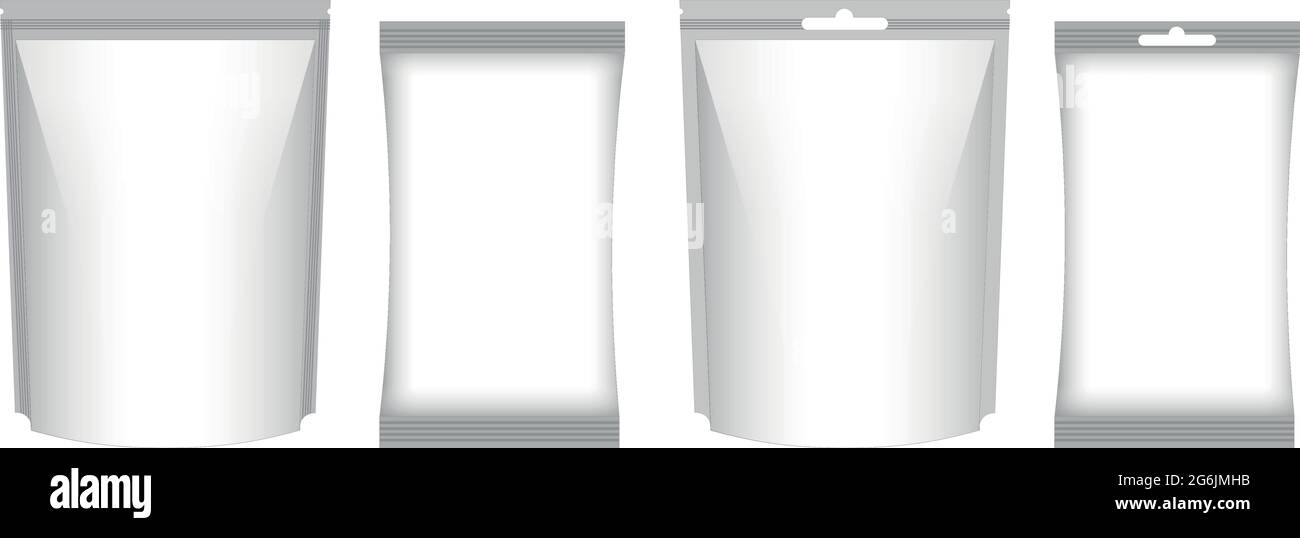 Set of neutral plastic film package bags with grey shadow. Realistic ...