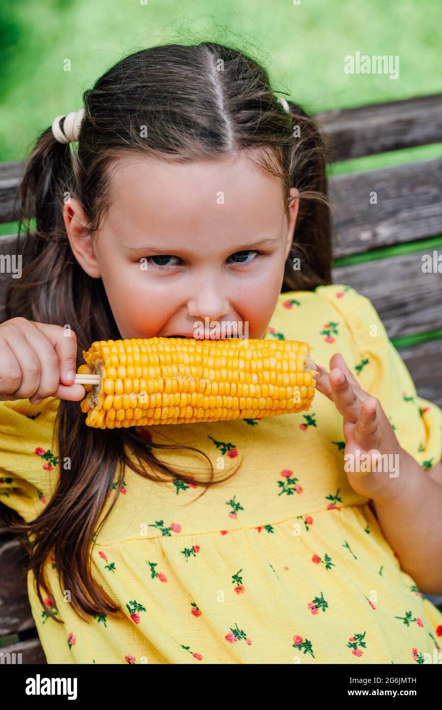 portrait of a charming child with corn. A child eats corn in the park ...