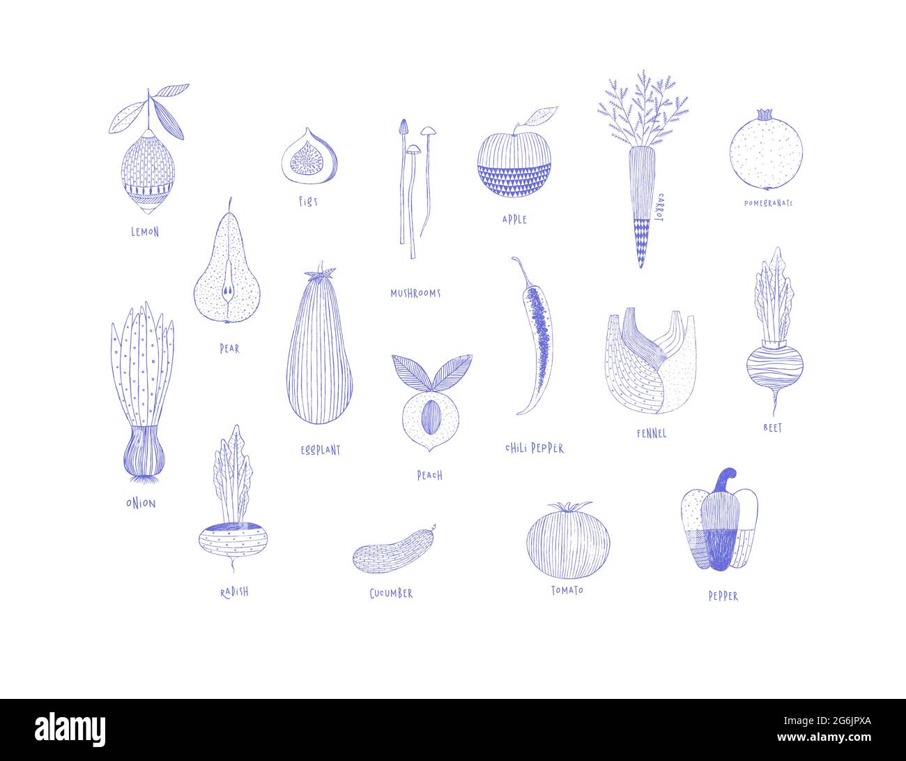 Fruits and vegetables in hand drawn ornament style lemon, pear, figs ...