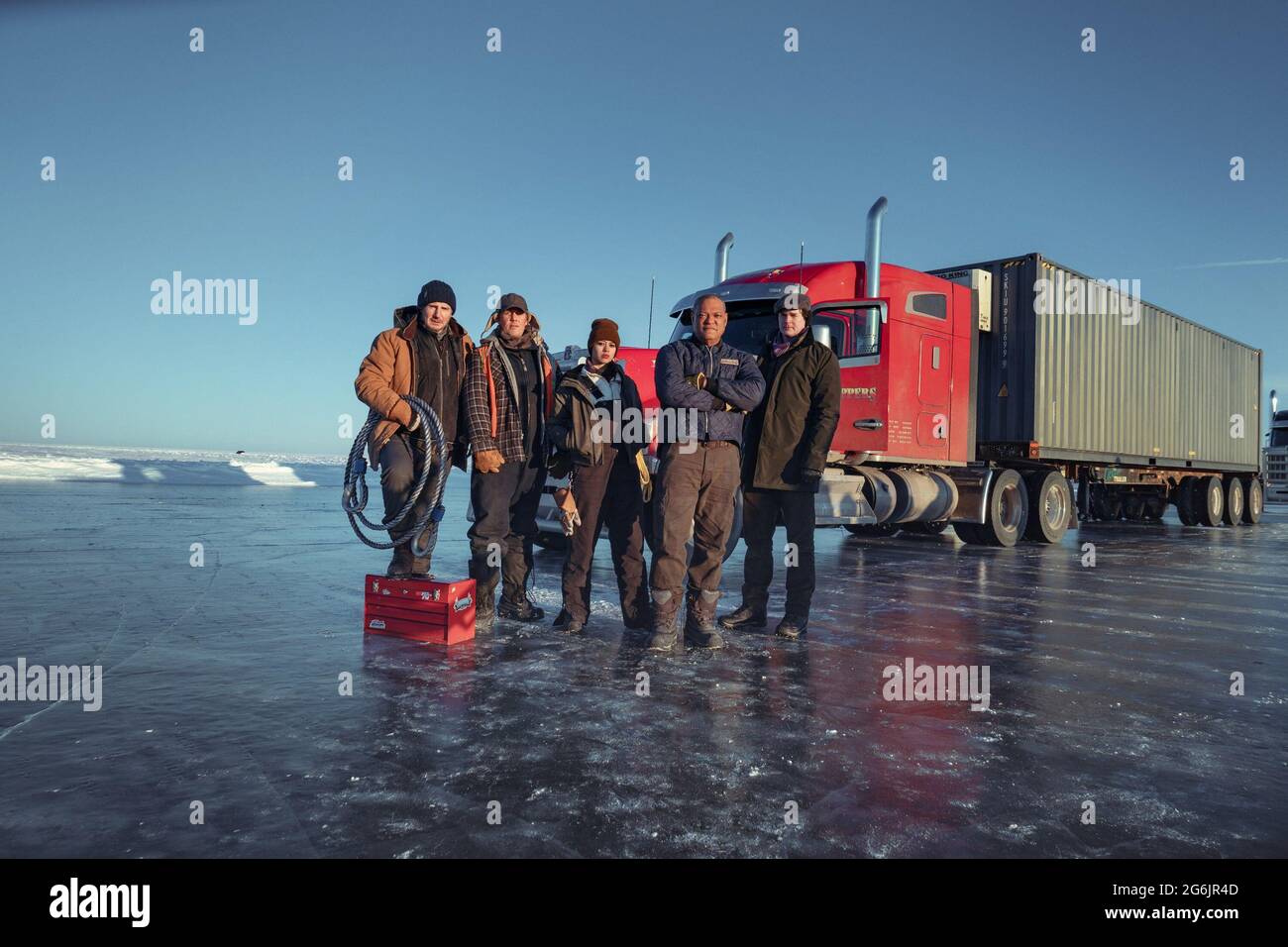 THE ICE ROAD, from left: Liam Neeson, Marcus Thomas, Amber Midthunder ...