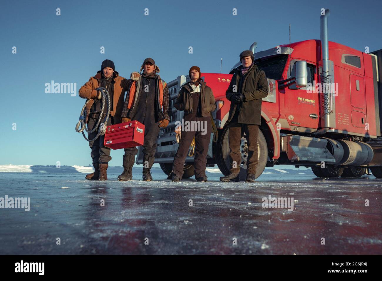 THE ICE ROAD, from left: Liam Neeson, Marcus Thomas, Amber Midthunder ...