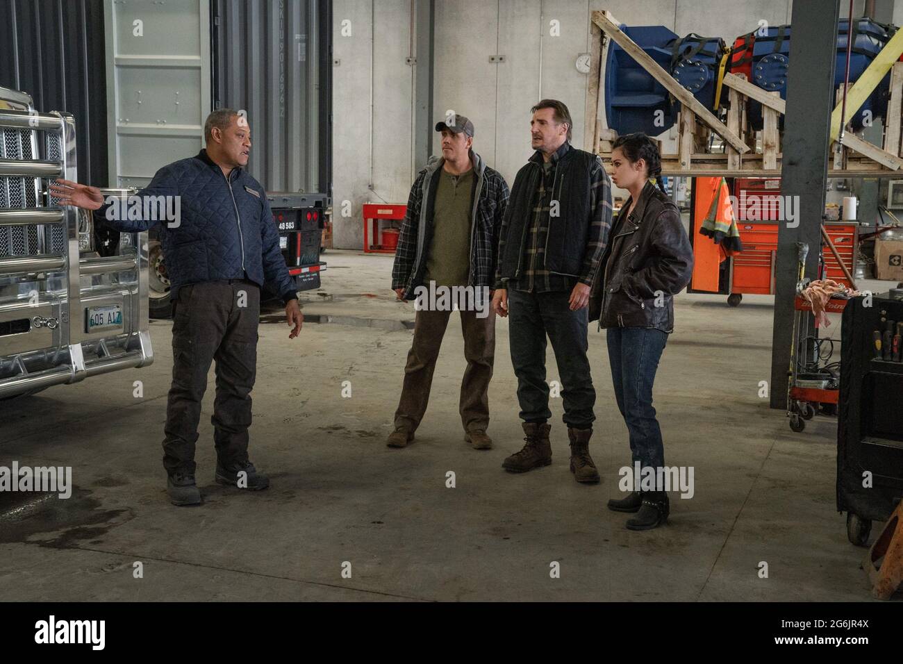 THE ICE ROAD, from left: Laurence Fishburne, Marcus Thomas, Liam Neeson ...